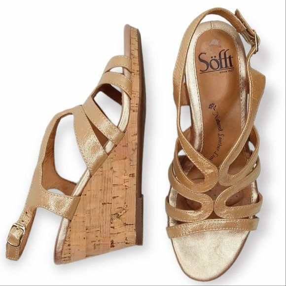 Sofft | Shoes | Sofft Corinth Cork Wedge Sandals Size 65m Gold Leather ...